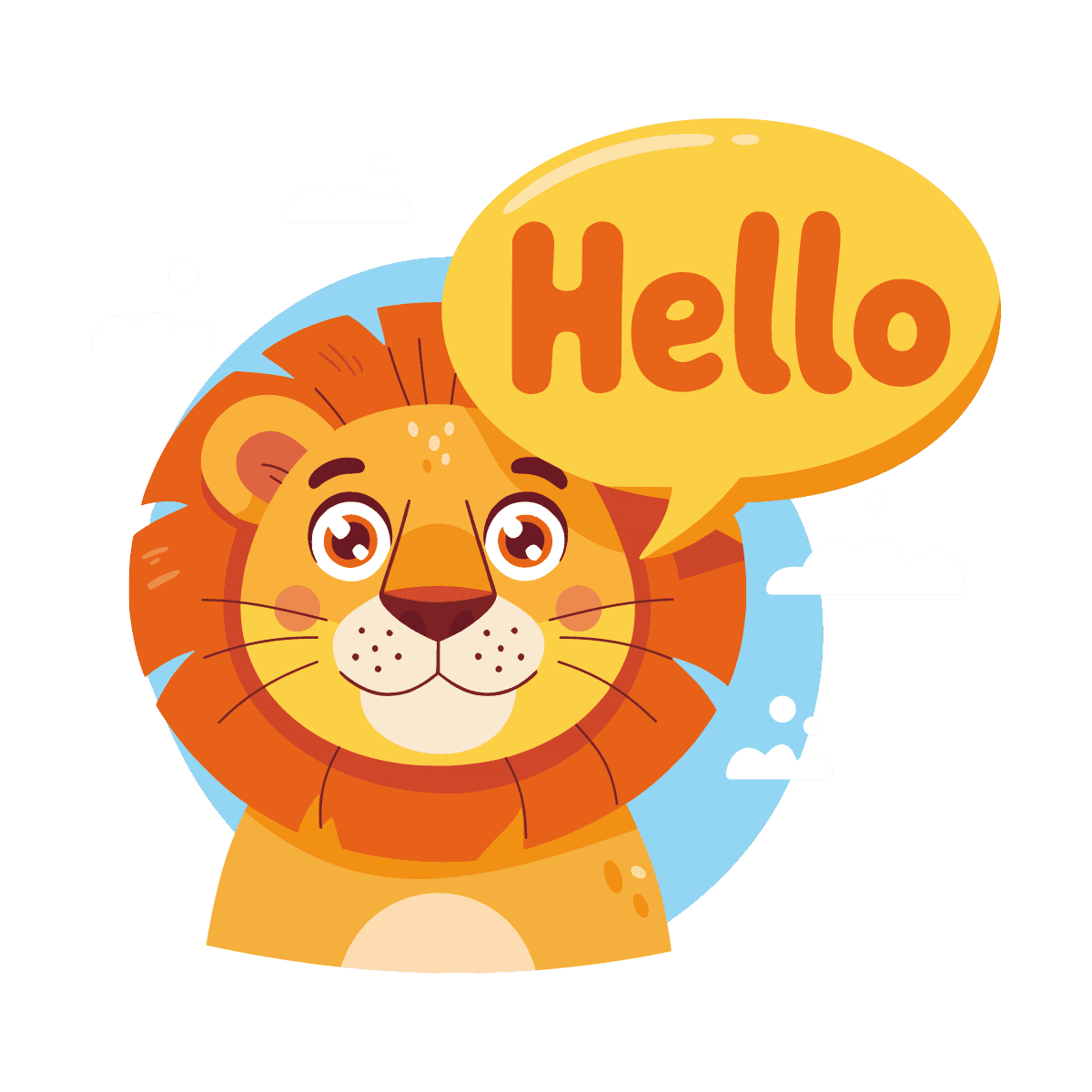 cute cheerful lion character saying "hello" for kid-friendly designs
