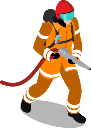 isometric fireman firefighting illustration using a fire extinguisher ...